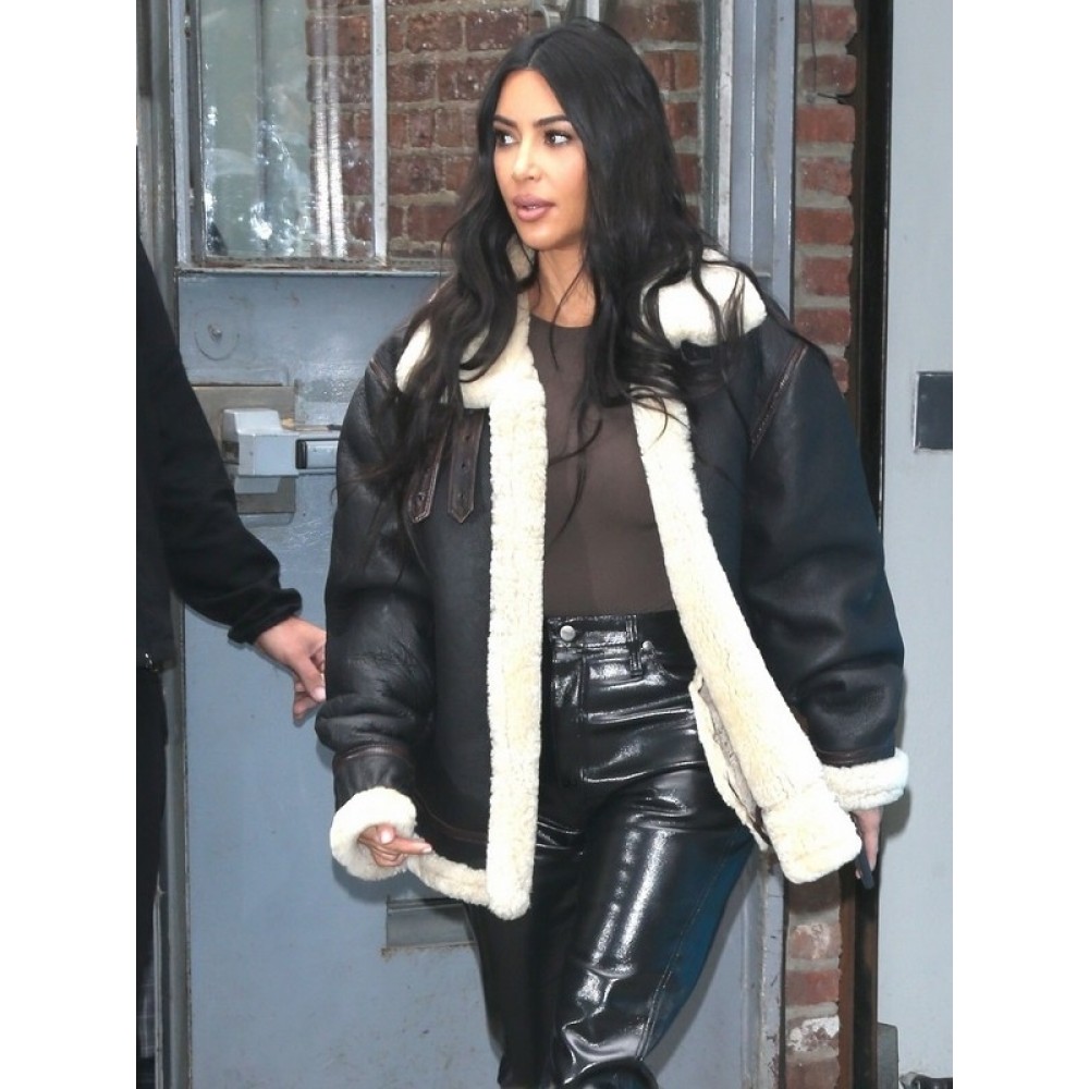 Kim Kardashian Shearling Bomber Jacket with Fur Collar