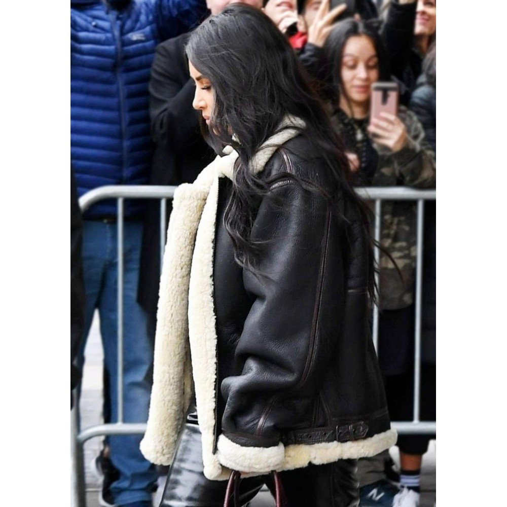 Kim Kardashian Shearling Bomber Jacket with Fur Collar